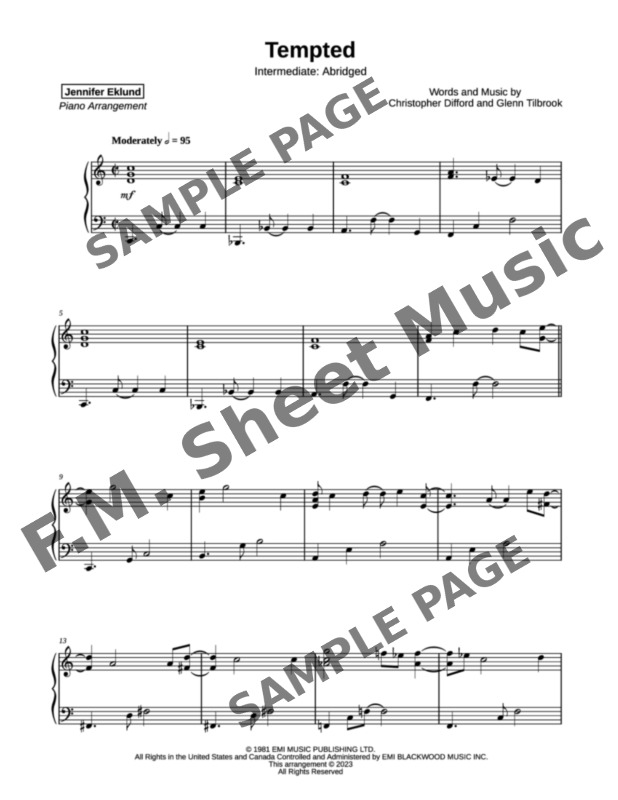 Tempted (Intermediate Piano) By Squeeze - F.M. Sheet Music - Pop Arrangements by Jennifer Eklund